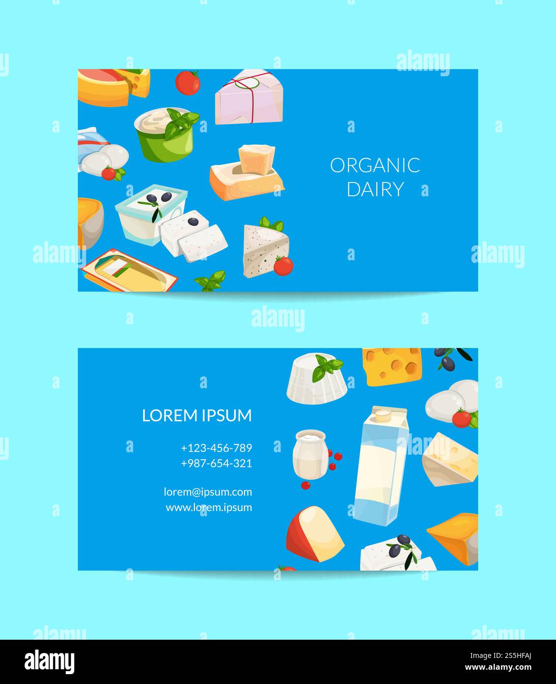 Vector cartoon milk and cheese products business card template for ...