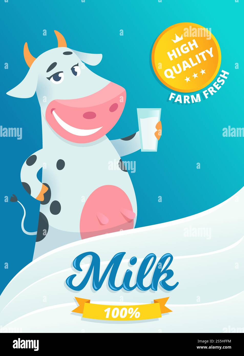 Milk advertizing. Smiling cow standing with glass of fresh farm milk in ...