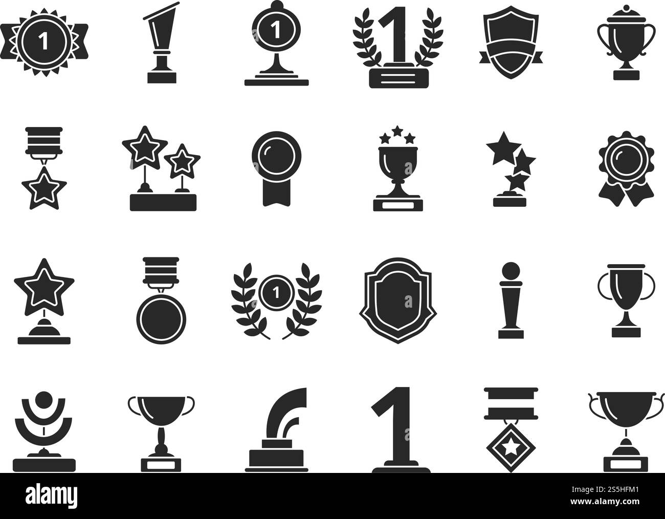 Winners trophies icons. Cups awards medals with ribbons vector black ...
