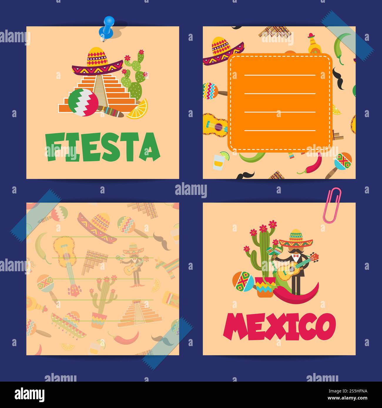 Vector flat Mexico attributes cute note cards of set illustration ...