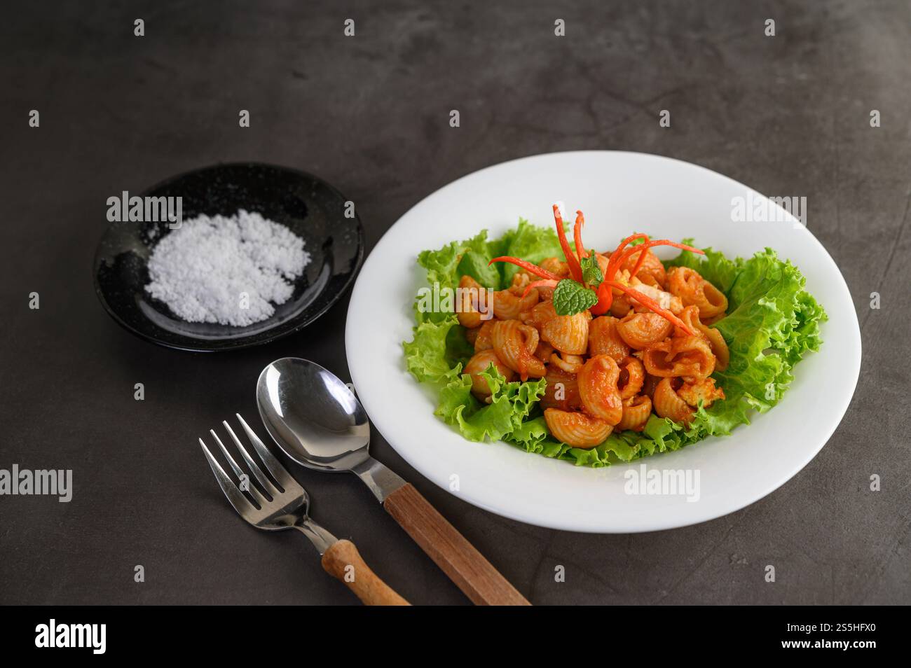 The pipe rigate italian pasta with tomato sauce and egg, chili and ...