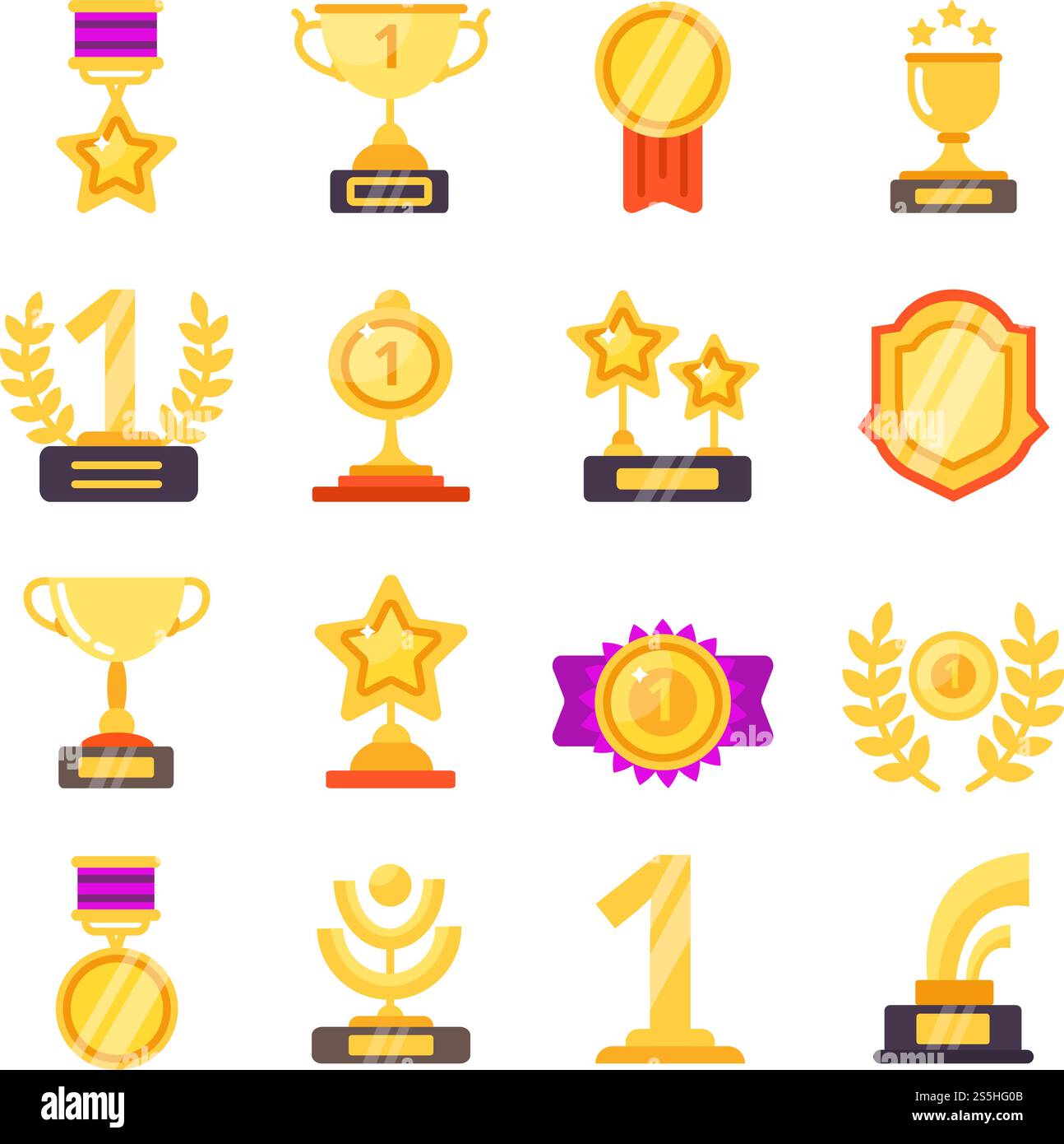 Awards icons. Trophy medal prize with ribbons for winners vector flat ...