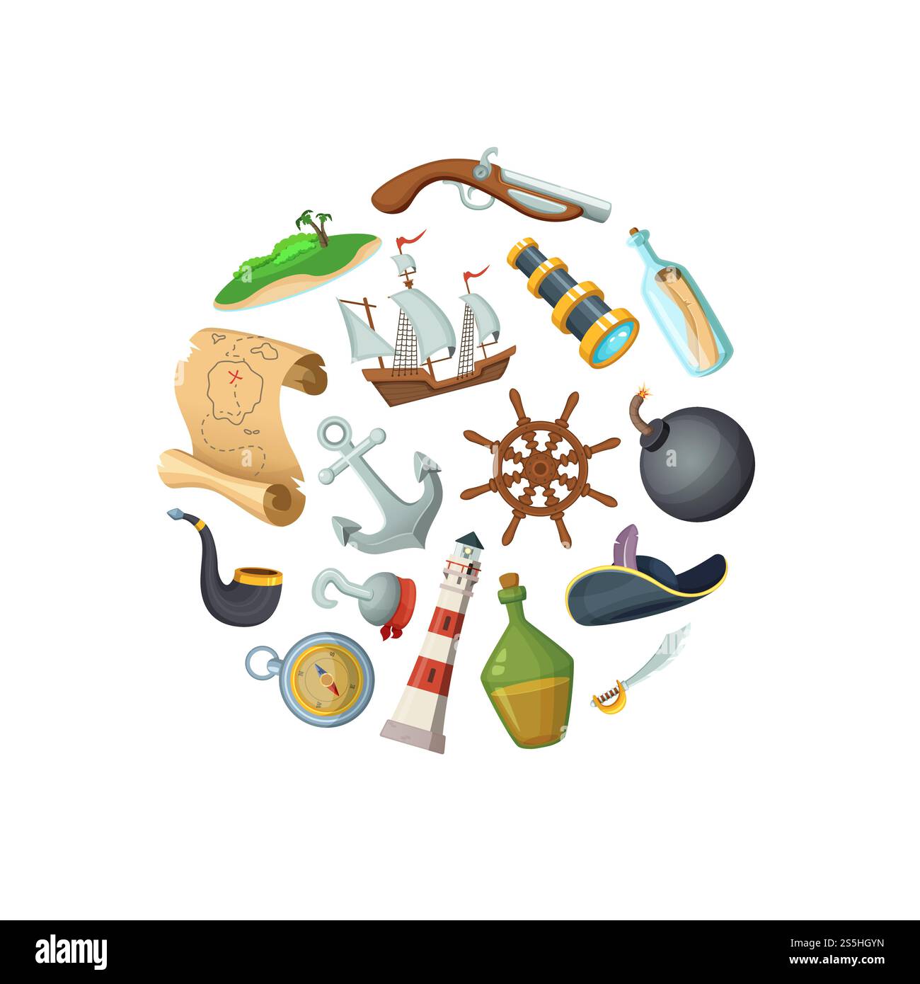 Vector cartoon sea pirates in circle shape illustration. Pirate ship ...