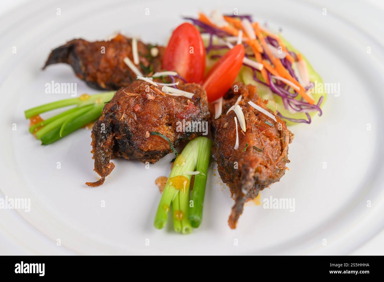 Spicy Fried Stir Catfish on white plate, Thai food. Selective focus ...