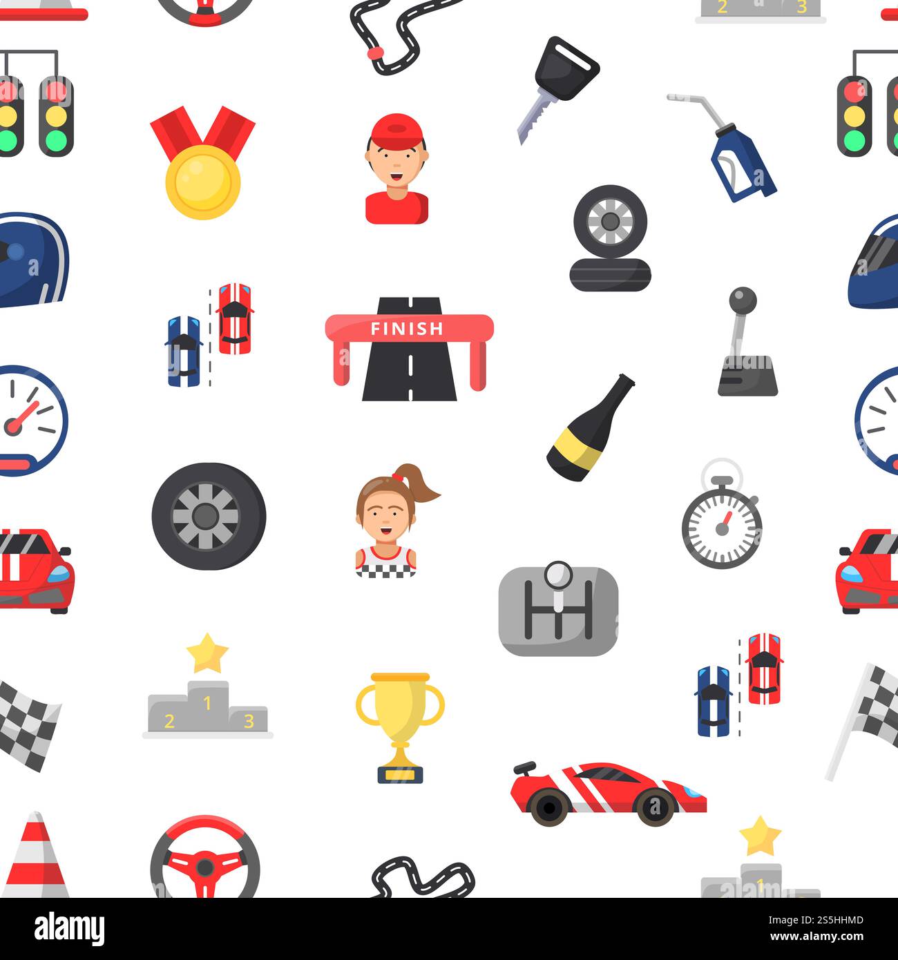 Vector flat colored car racing icons pattern or background illustration ...