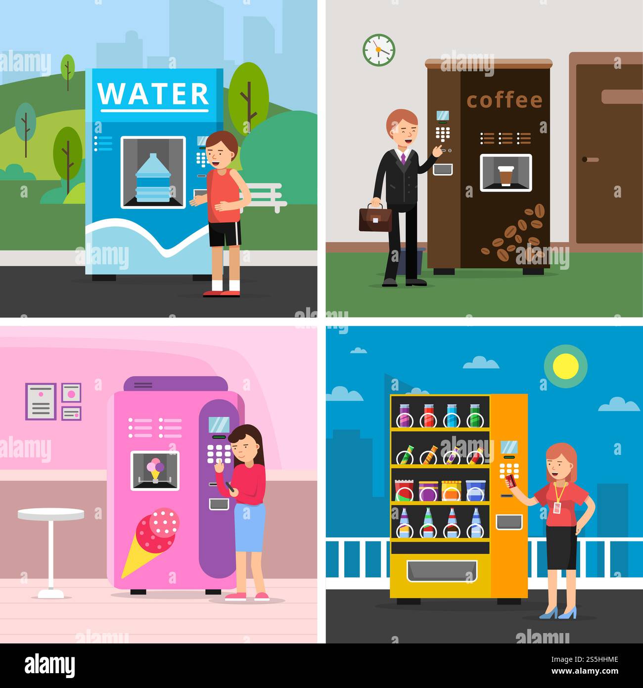 Vending machines food. People buying various snacks drink coffee ...