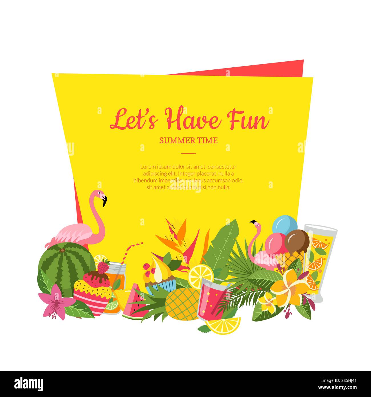 Vector flat cute summer elements, cocktails, flamingo, palm leaves ...