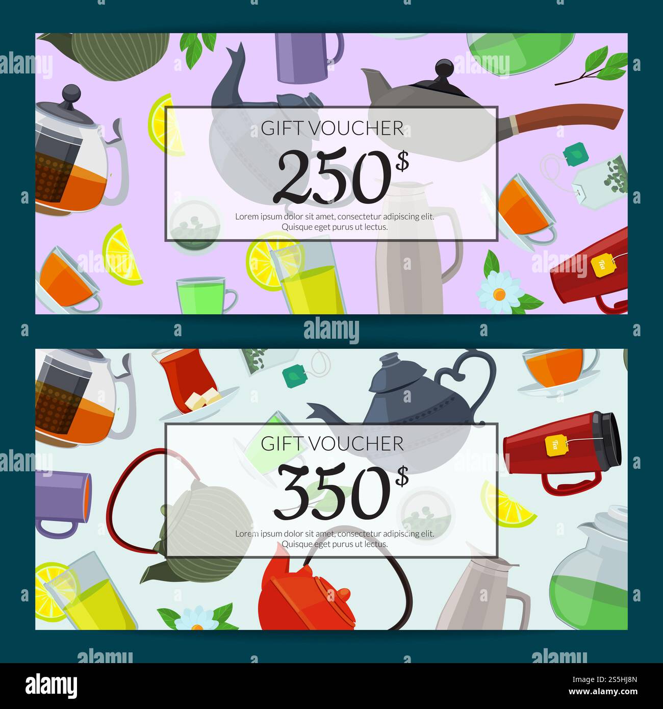 Vector cartoon tea kettles and cups discount or gift voucher templates ...