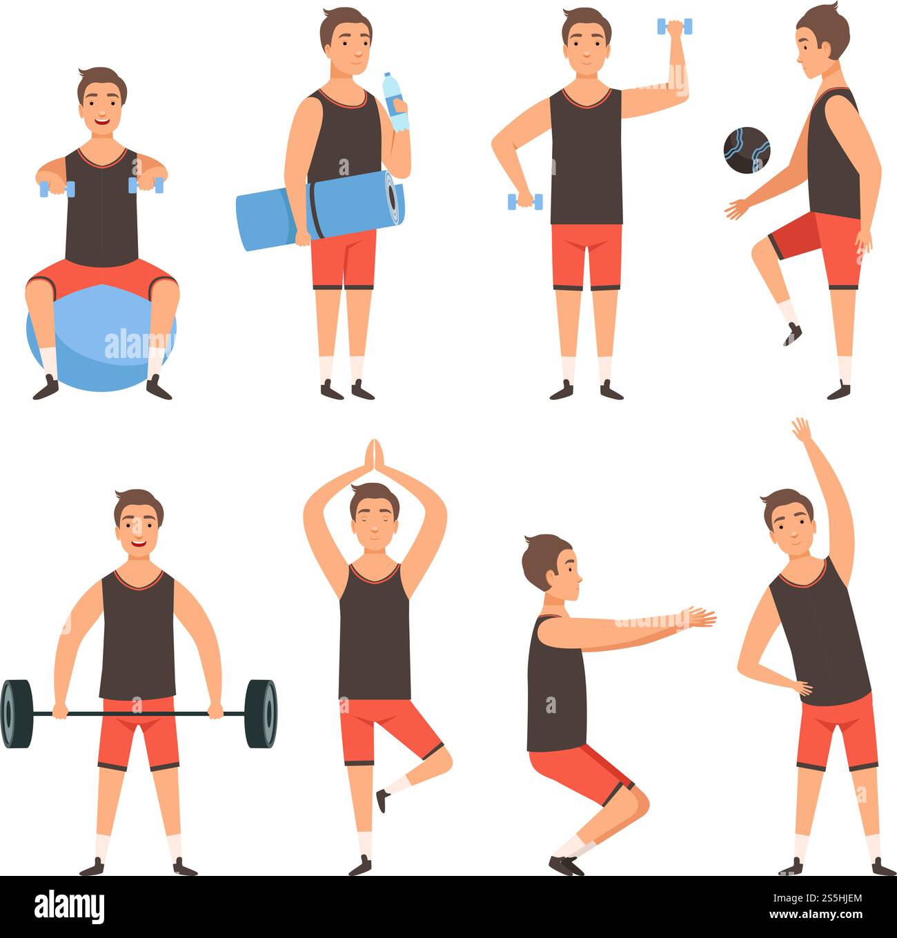 Athletic sport man. Gym male fitness character standing in action poses ...