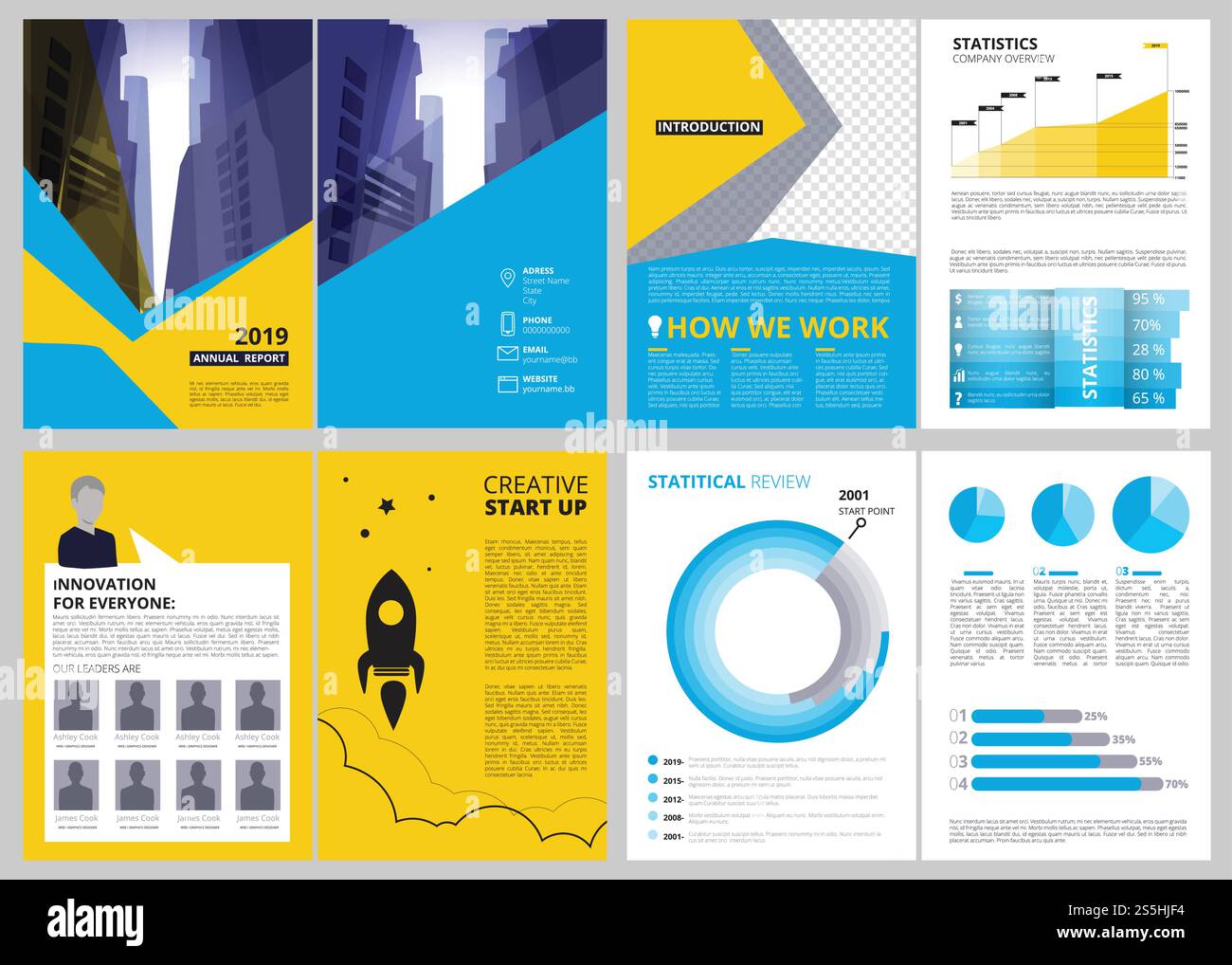 Annual report pages. Modern brochure layout with abstract shapes and ...