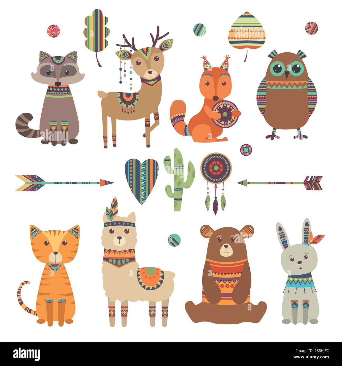 Cute ethnic animals. Tribal kid wild zoo bear owl raccoon tiger with ...