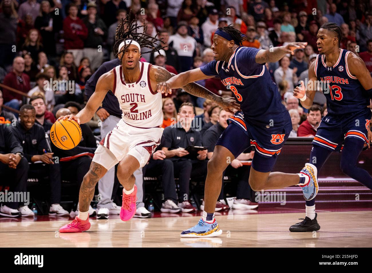 South Carolina guard Zachary Davis (2) drives on Auburn forward Ja'Heim ...