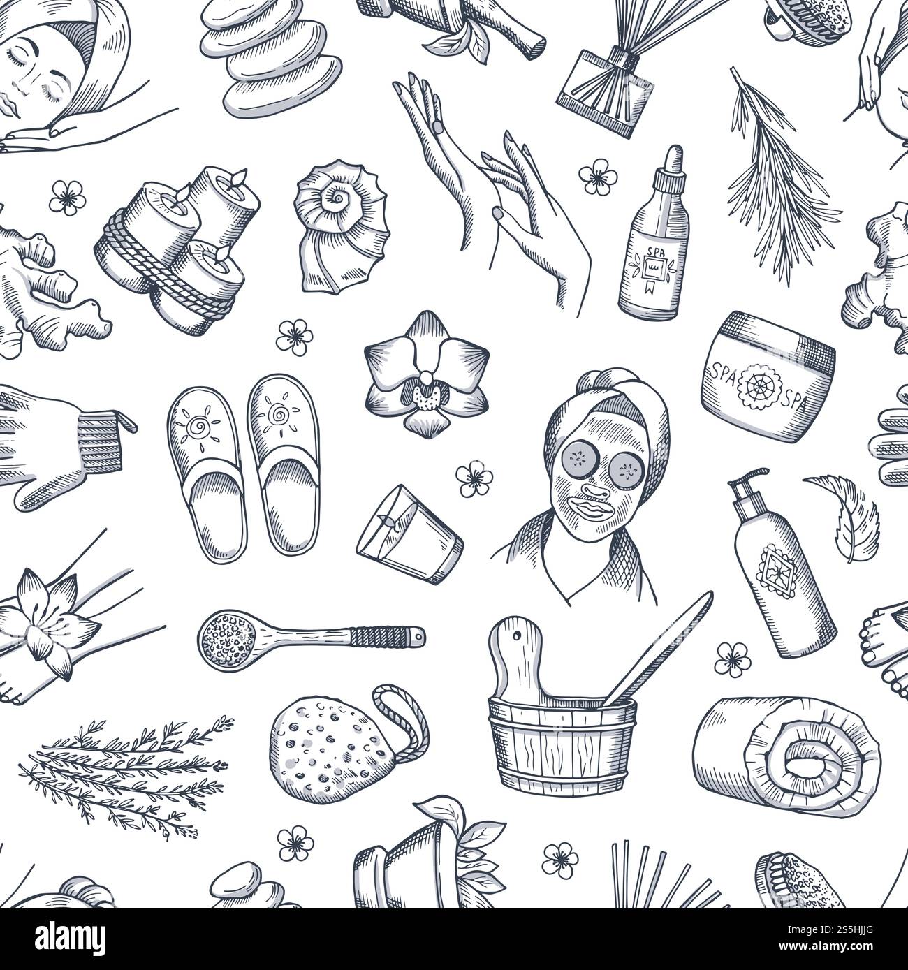 Vector hand drawn spa elements background or pattern illustration. Spa pattern, beauty and care ...