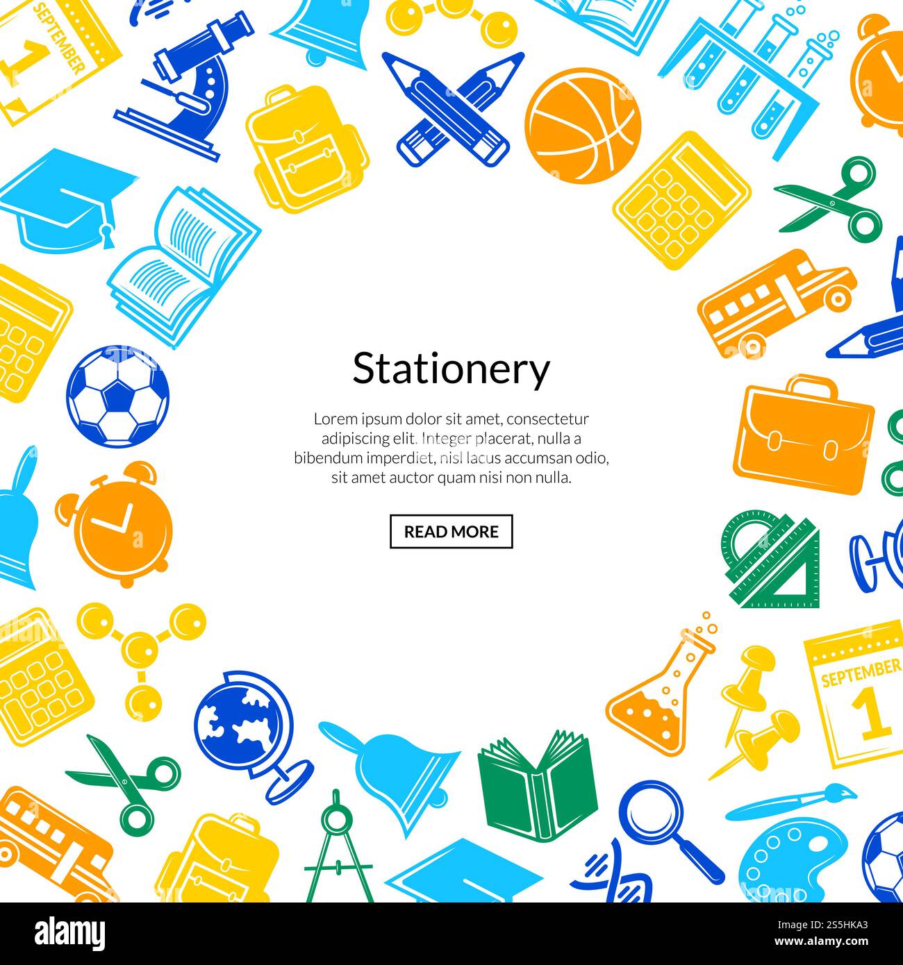 Vector back to school stationery background illustration. Color icon ...