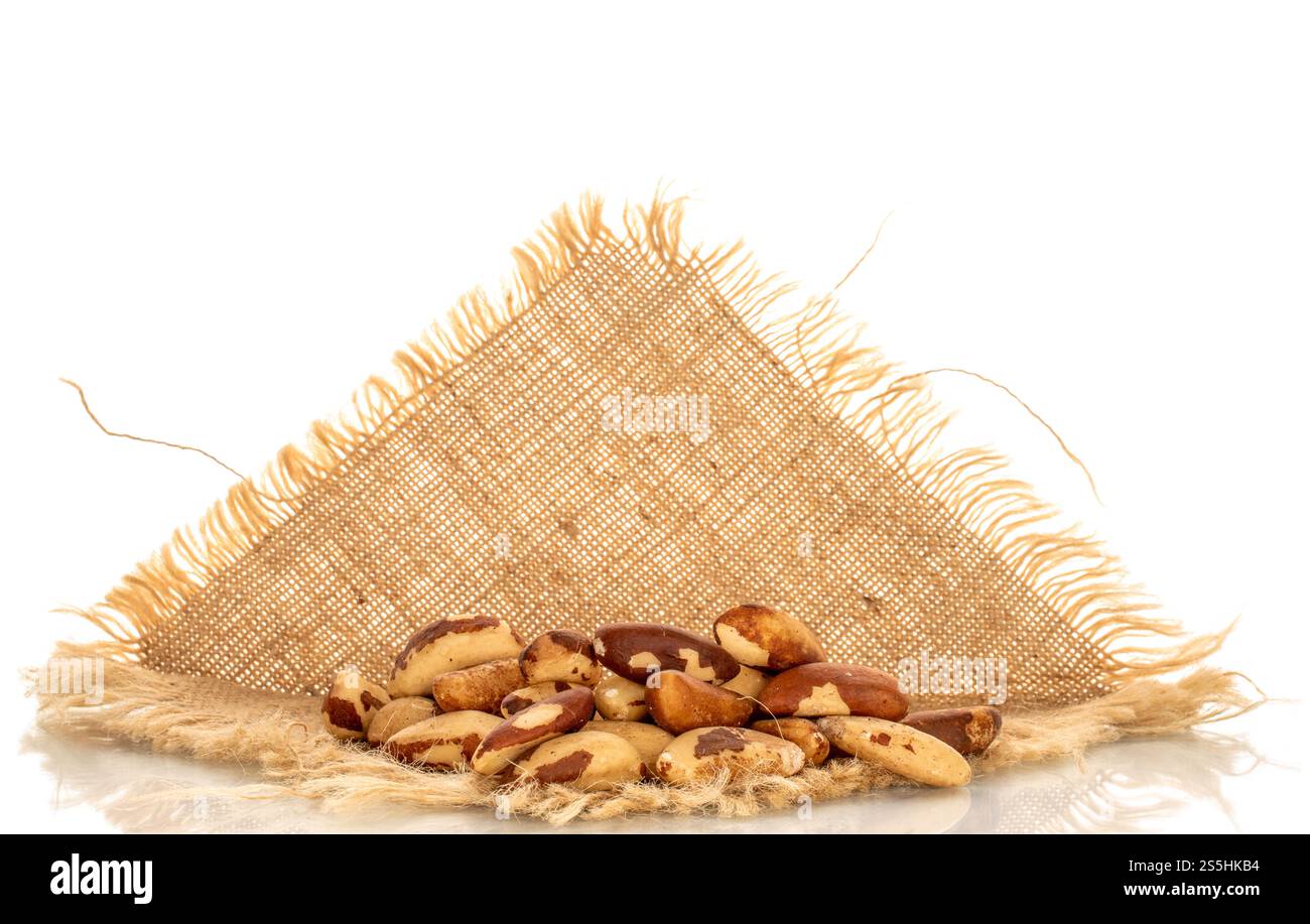 Brazil nuts without shells with jute napkin, close-up, isolated on ...