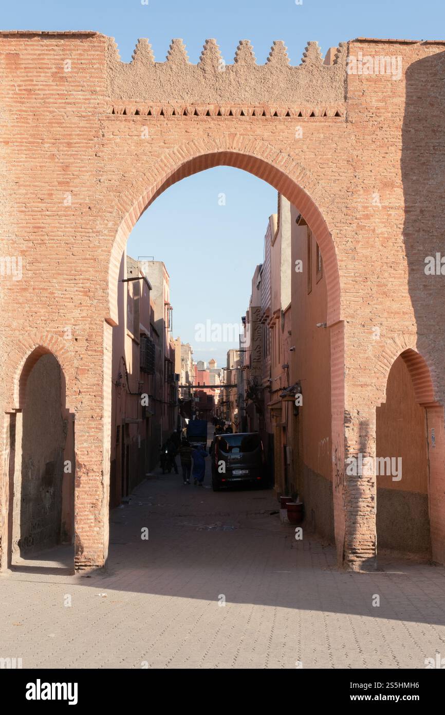 The moorish arch entrance wall to the Marrakech Medina in Morocco Stock ...