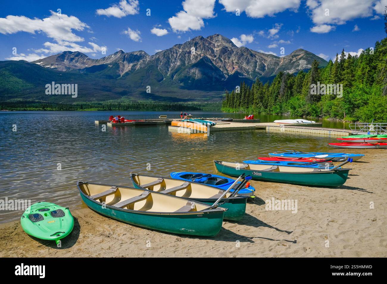 Canoes, Pyramid lake, Jasper National Park, Alberta, Canada Stock Photo ...