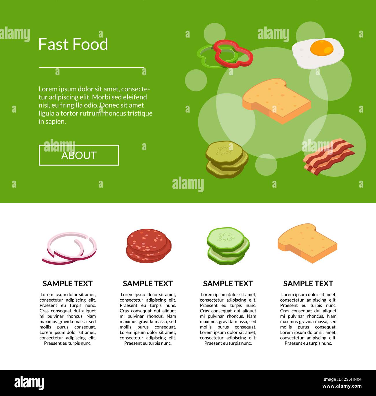 Vector isometric burger ingredients landing page template illustration ...