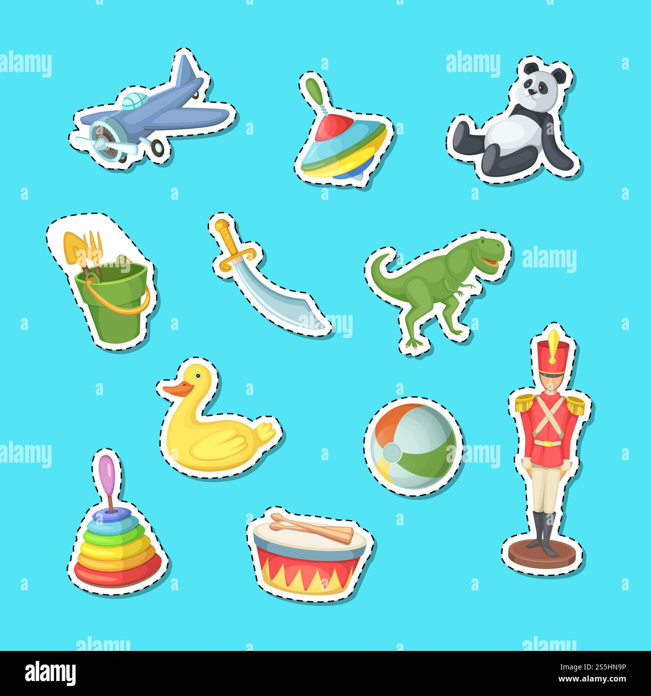 Vector cartoon children toys stickers set illustration isolated on blue ...