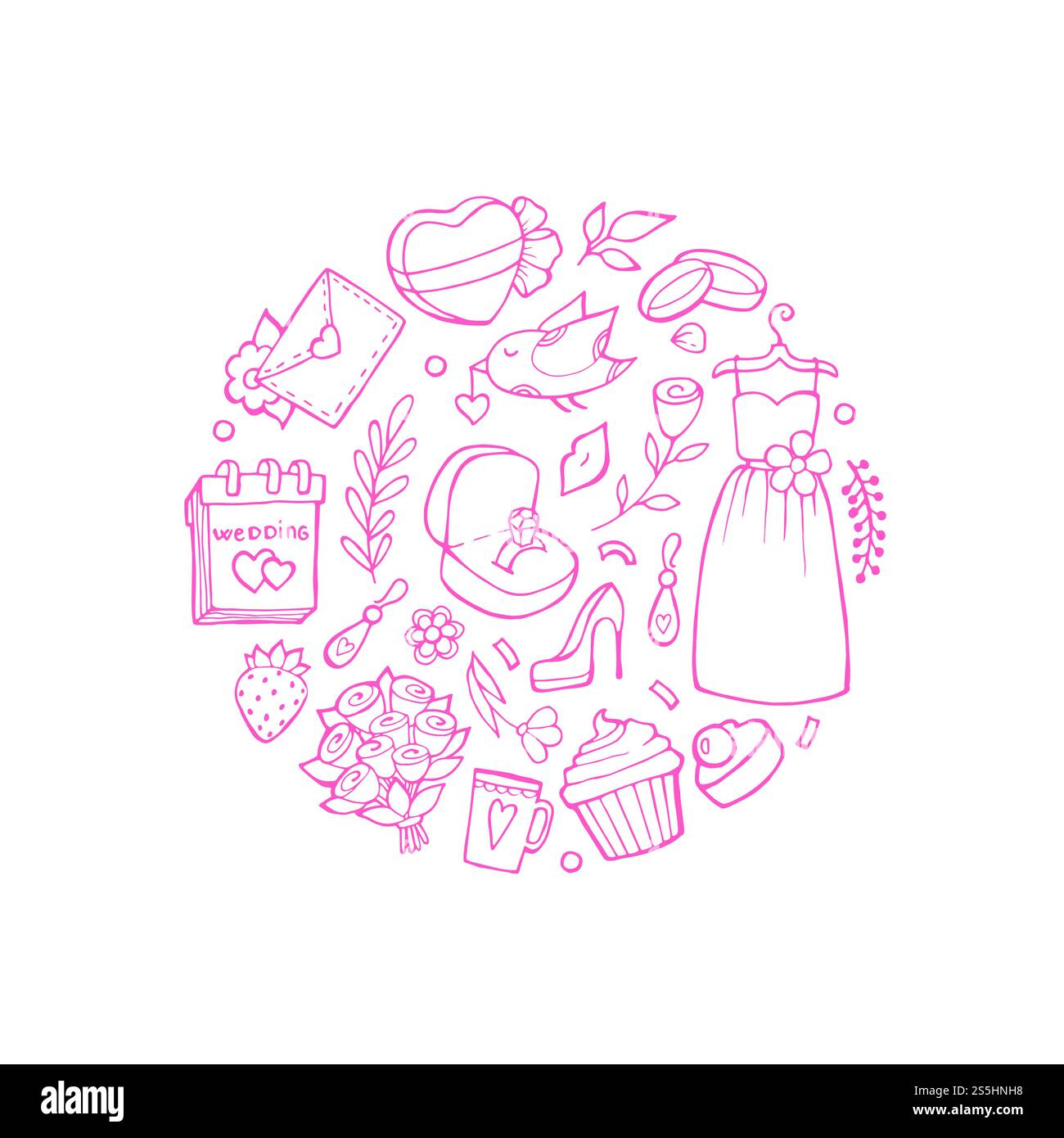 Vector doodle wedding elements in circle shape illustration isolated on ...