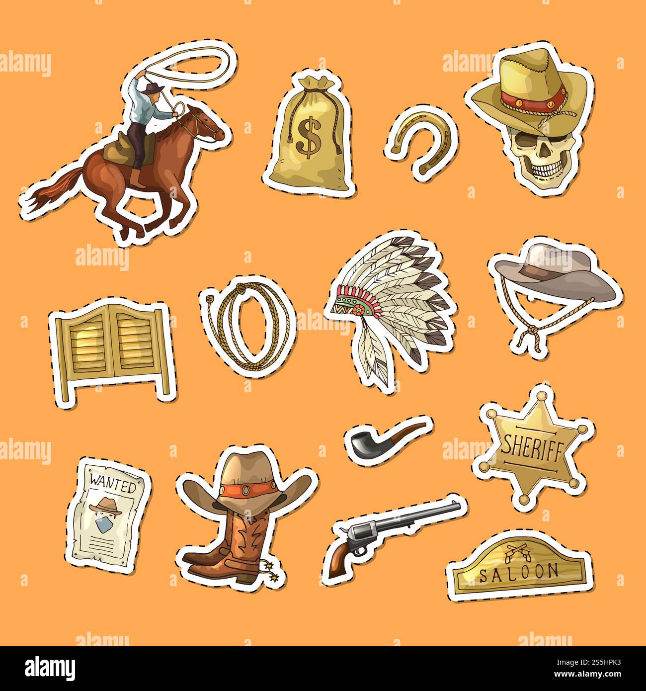 Vector hand drawn wild west cowboy elements stickers set illustration ...