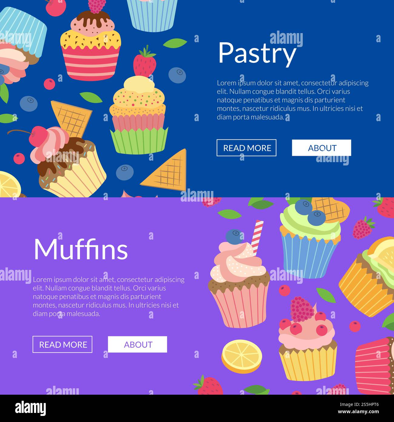 Vector cute cartoon muffins or cupcakes web banner templates and poster ...