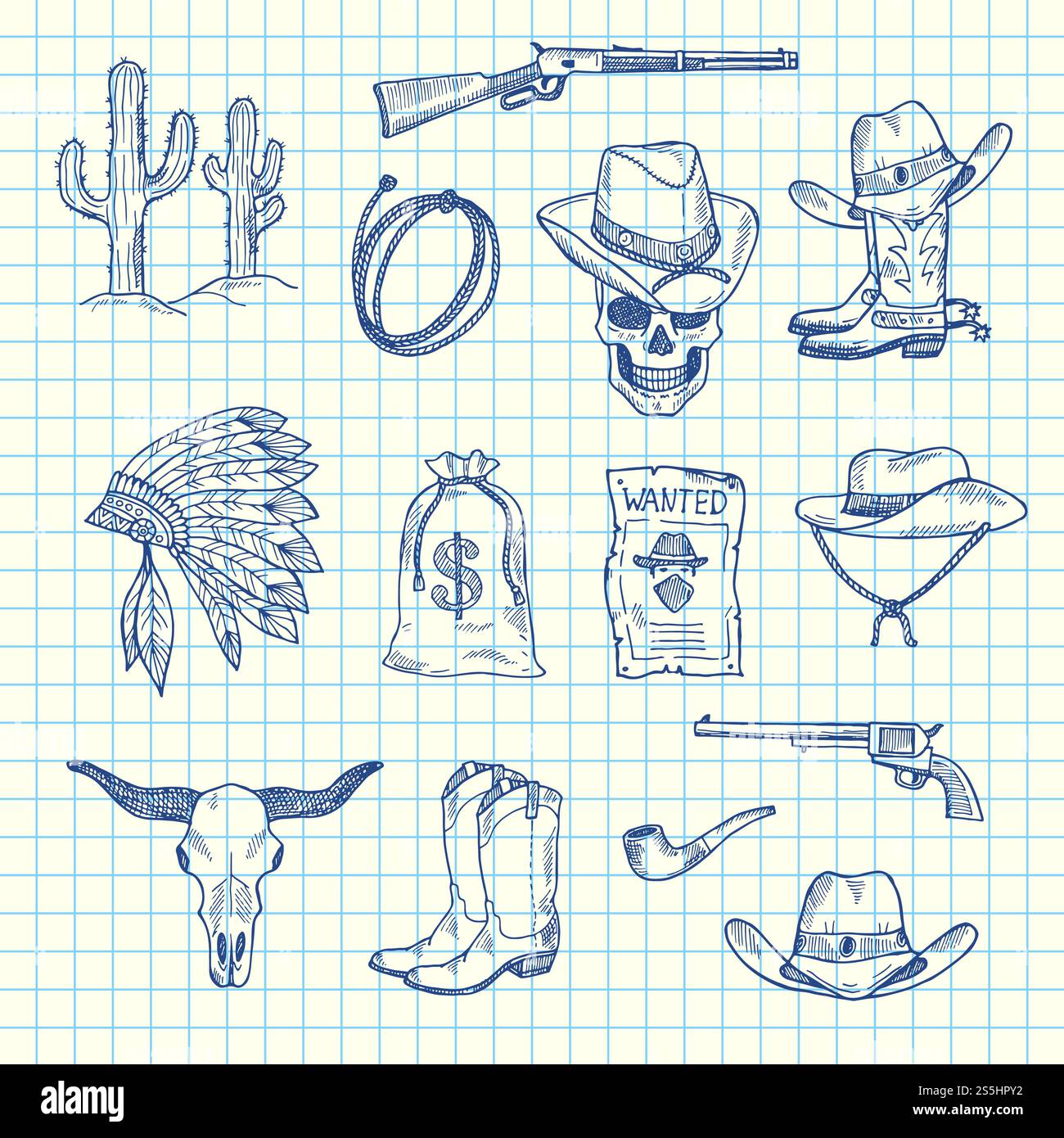 Vector hand drawn wild west cowboy elements set on blue cell sheet ...