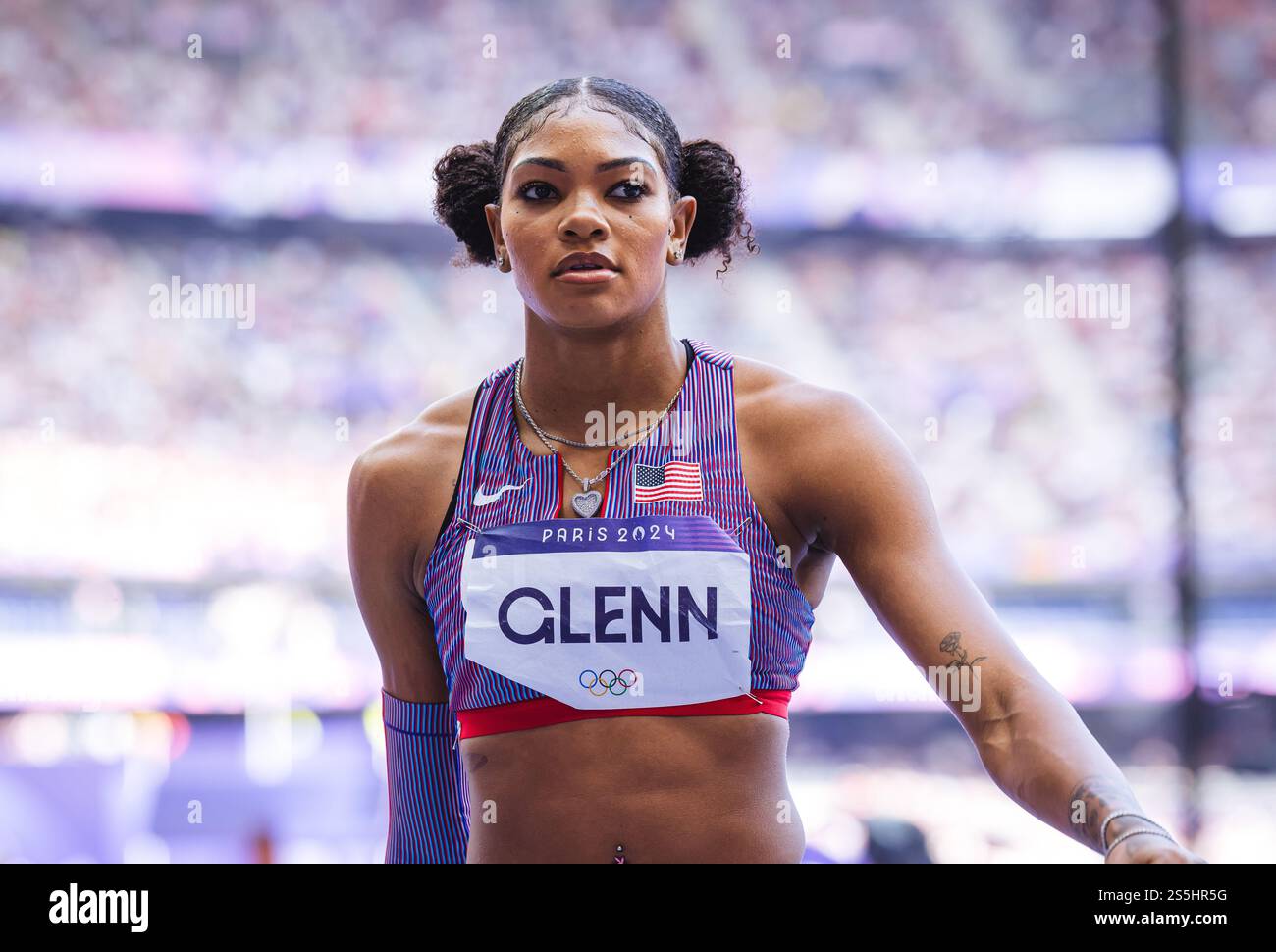 Rachel Glenn participating in the high jump at the Paris 2024 Olympic ...