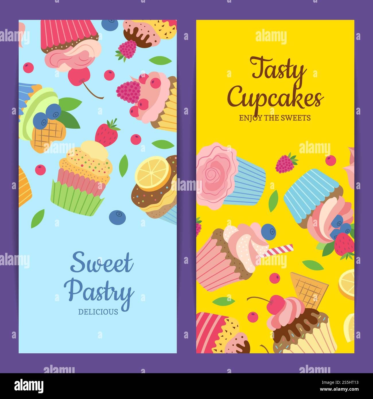 Vector cute cartoon muffins or cupcakes web banner templates ...