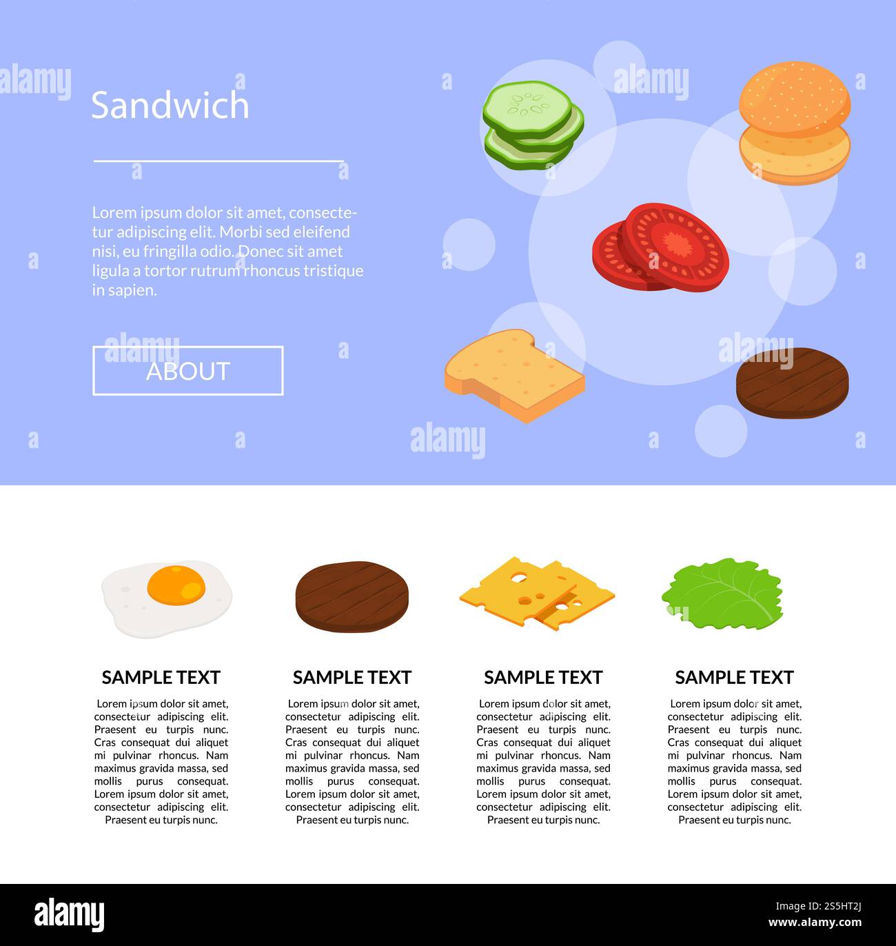 Vector isometric burger ingredients landing page template illustration ...
