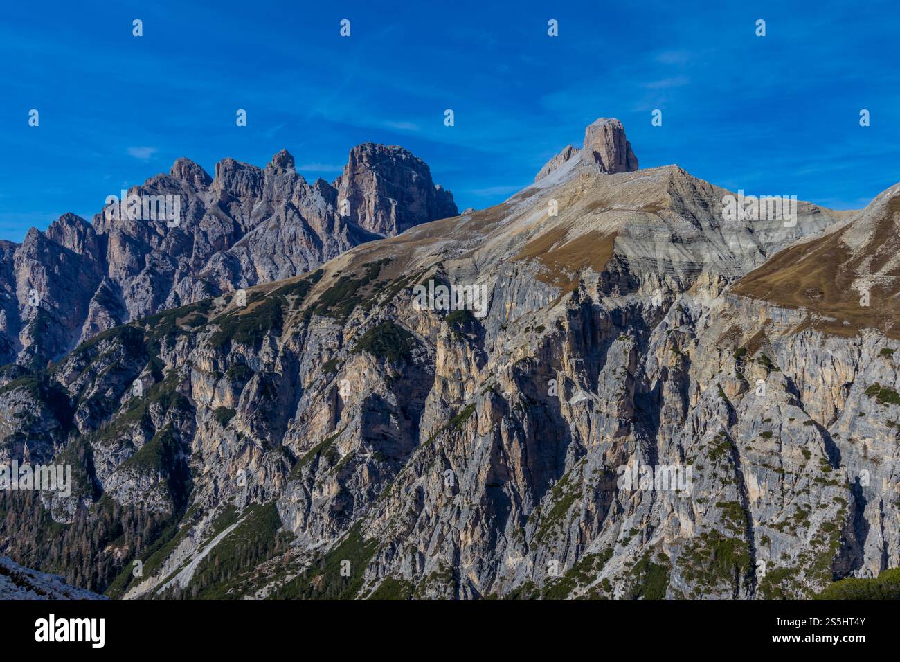 Dolomites rocky summits in the Alps. High tower peaks and sharp ...