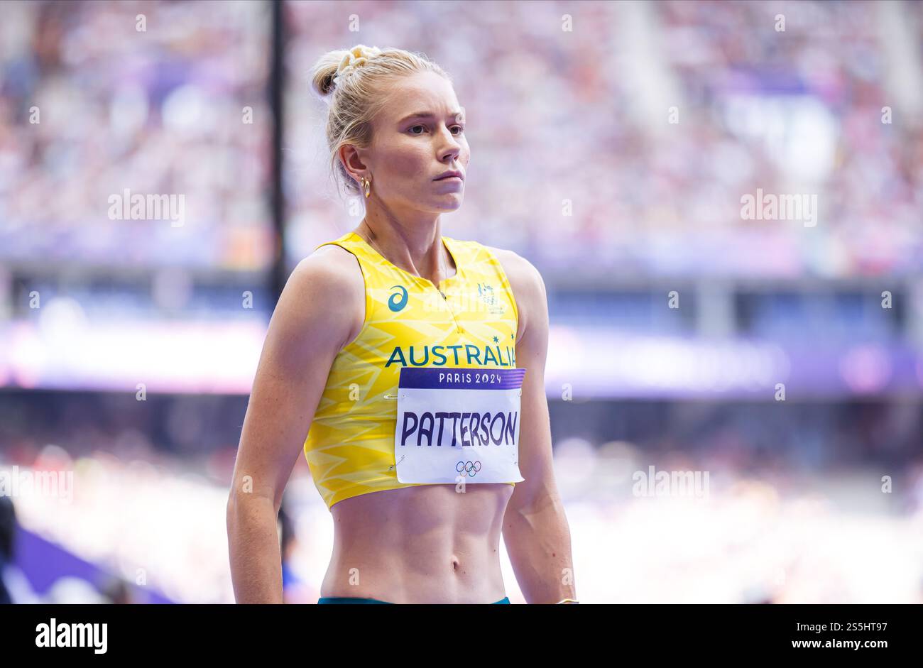 Eleanor Patterson participating in the high jump at the Paris 2024 ...