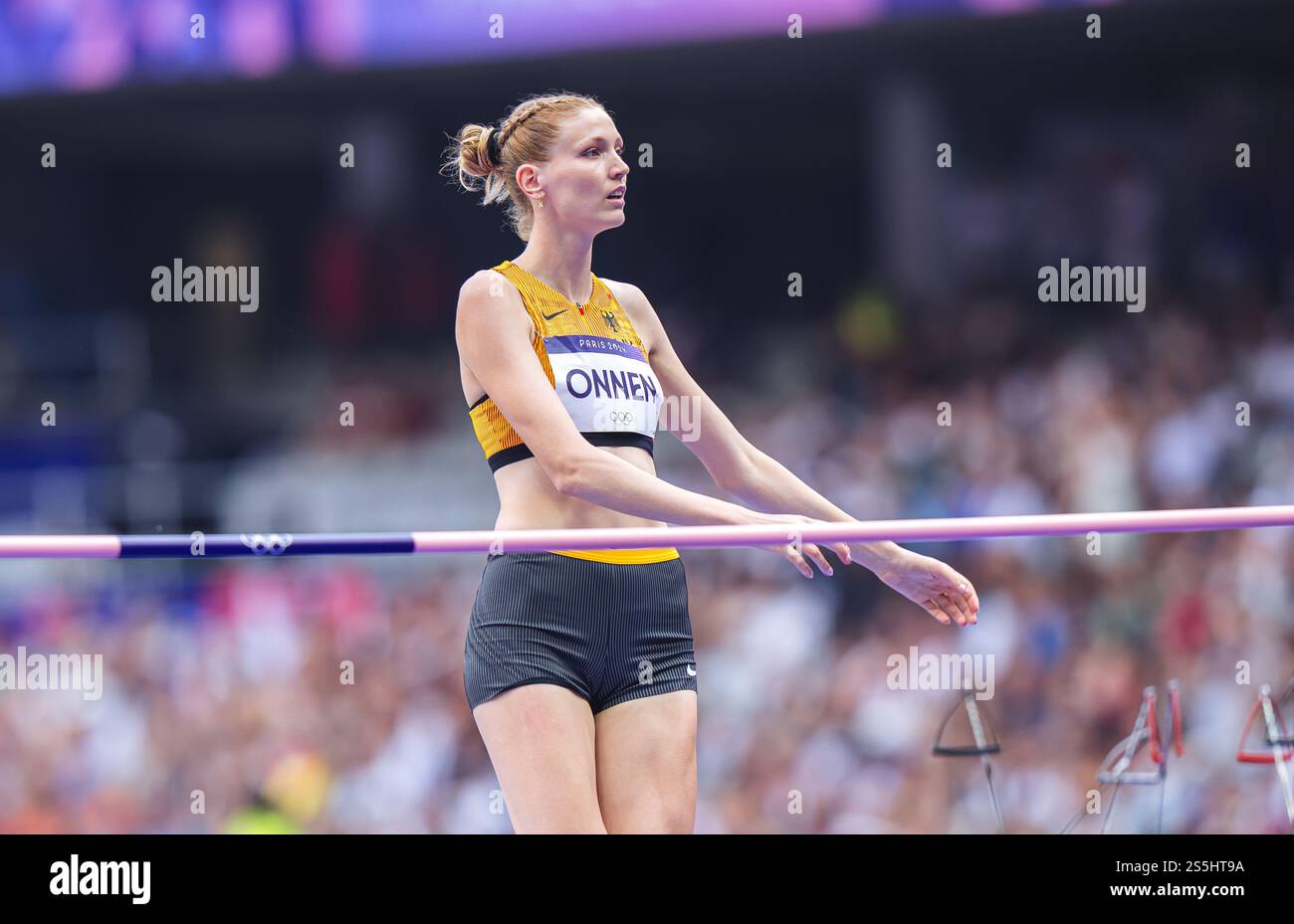 Imke Onnen participating in the high jump at the Paris 2024 Olympic ...