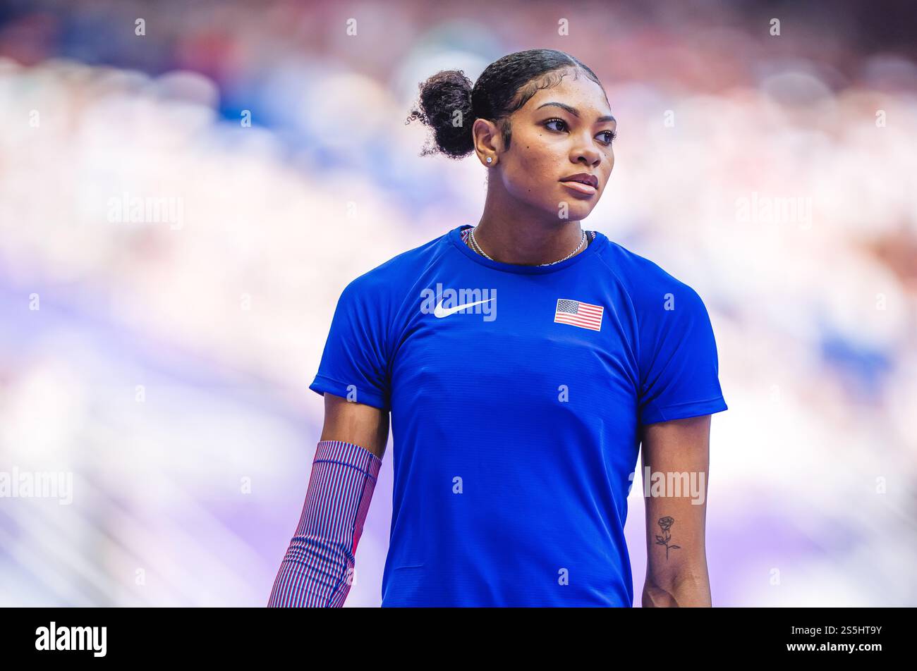Rachel Glenn participating in the high jump at the Paris 2024 Olympic ...