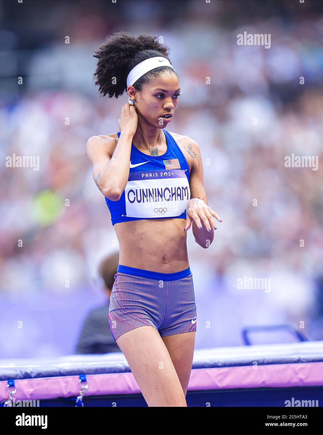 Vashti Cunningham participating in the high jump at the Paris 2024 ...