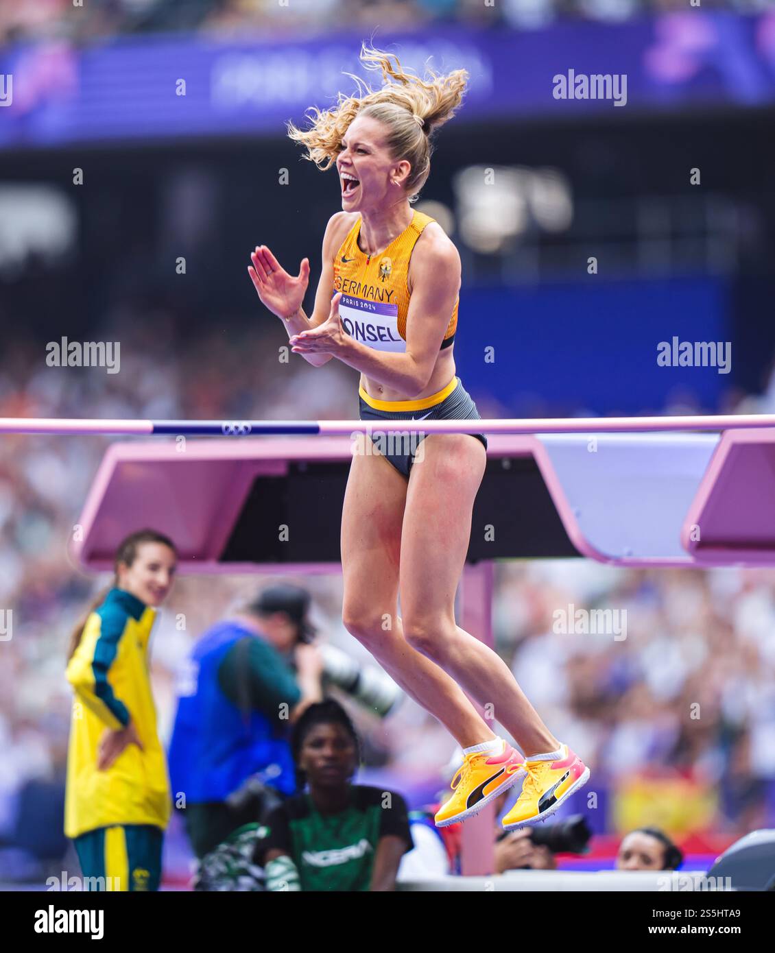 Christina Honsel participating in the high jump at the Paris 2024 ...