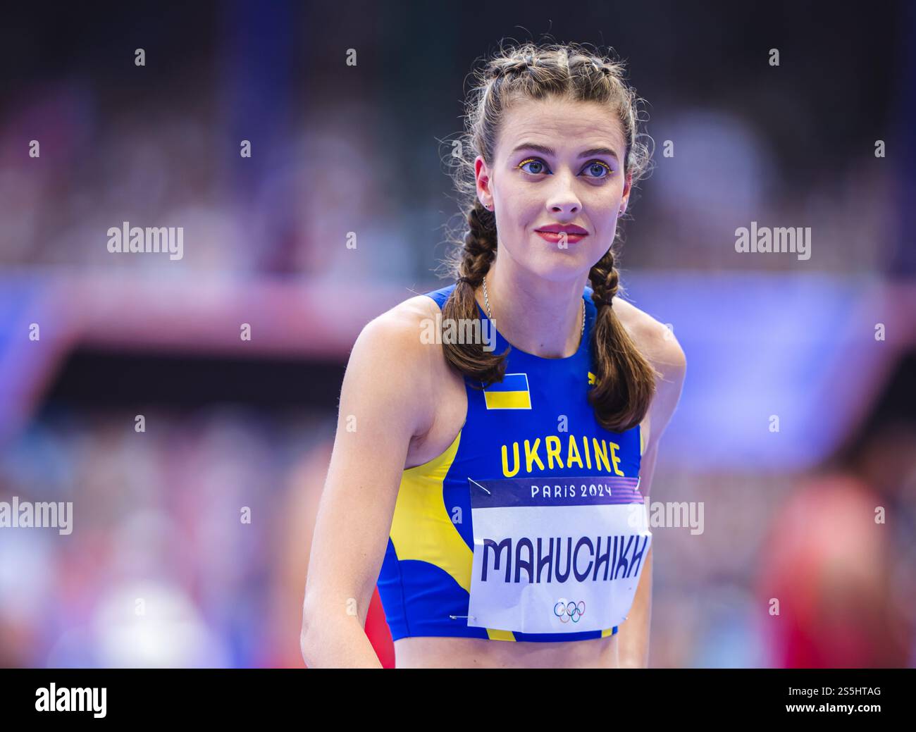 Yaroslava Mahuchikh participating in the high jump at the Paris 2024 ...