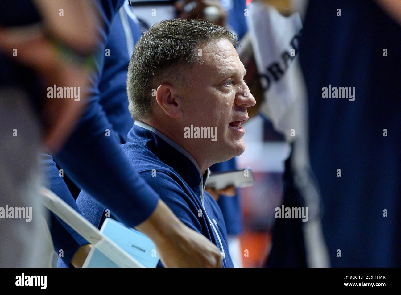 Penn State head coach Mike Rhoades talks to his team in the huddle ...