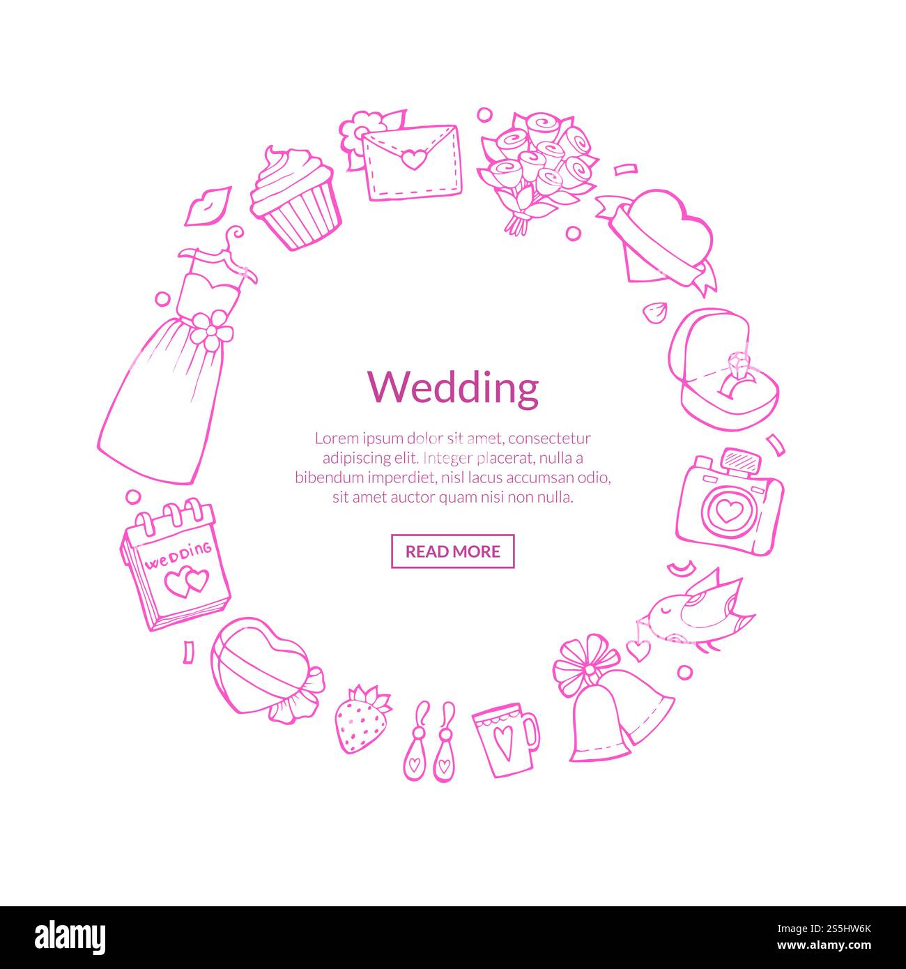 Vector doodle wedding elements in circle shape with place for text illustration. Vector doodle ...