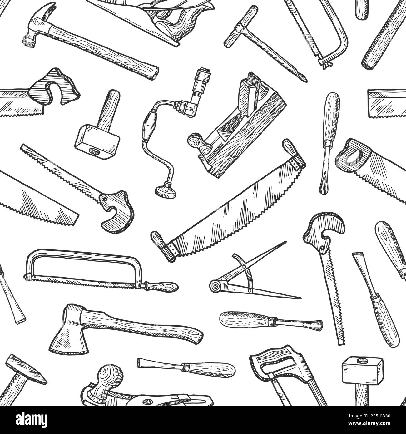 Vector hand drawn carpentry elements pattern or background black white ...