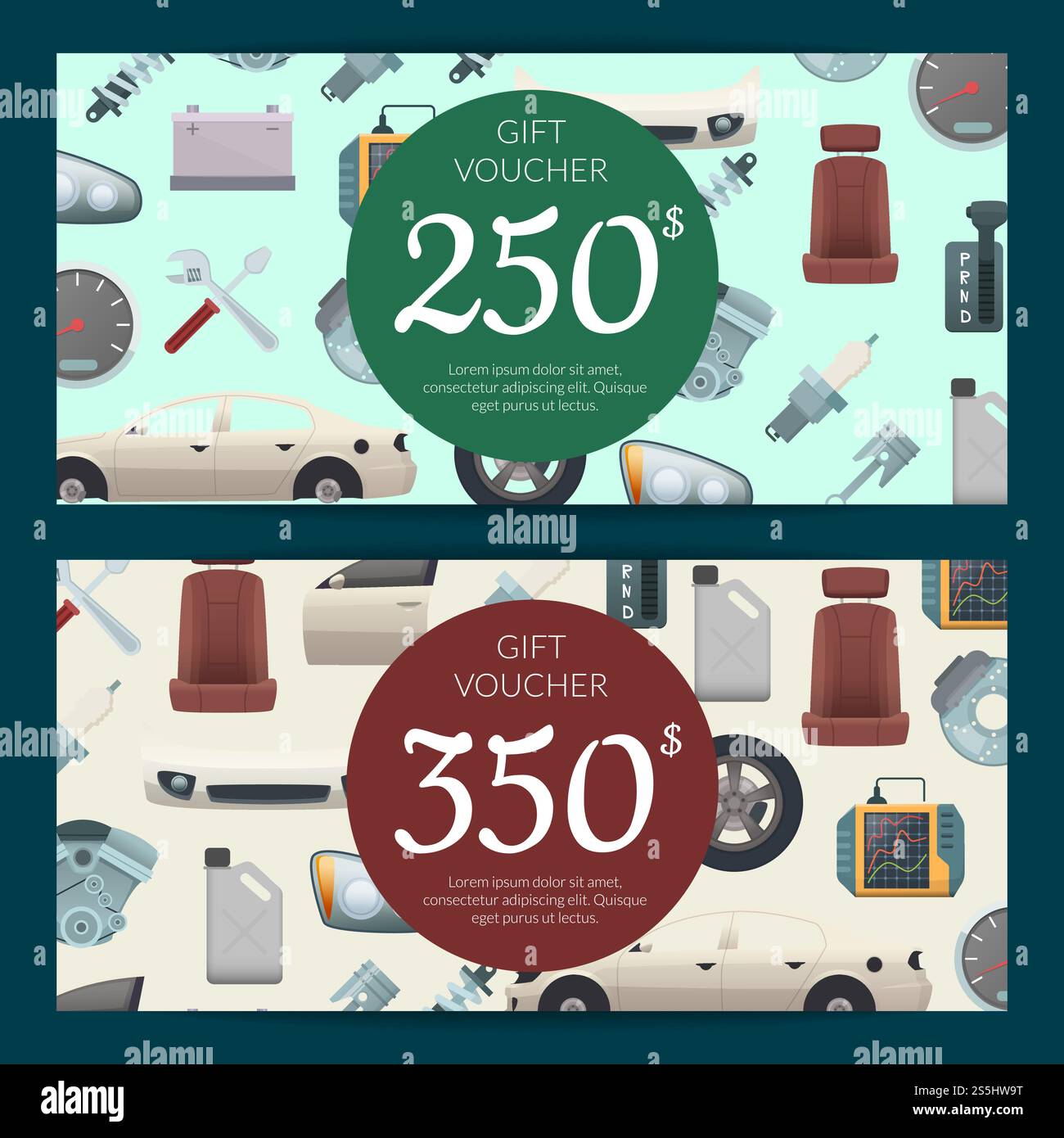 Vector car parts discount or gift voucher templates with price ...