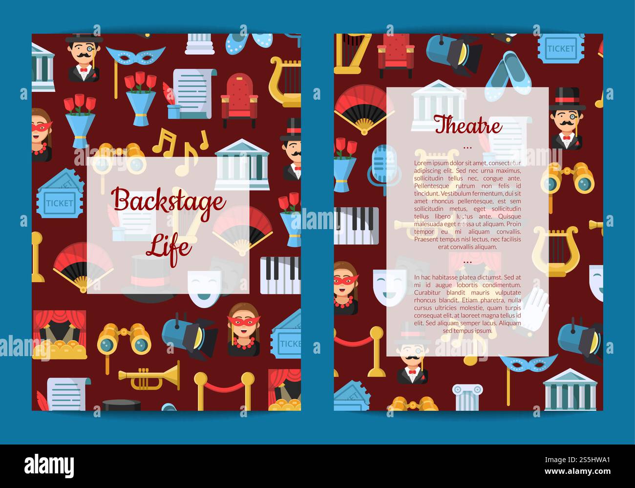 Vector flat theatre icons card or flyer template illustration. Banner ...