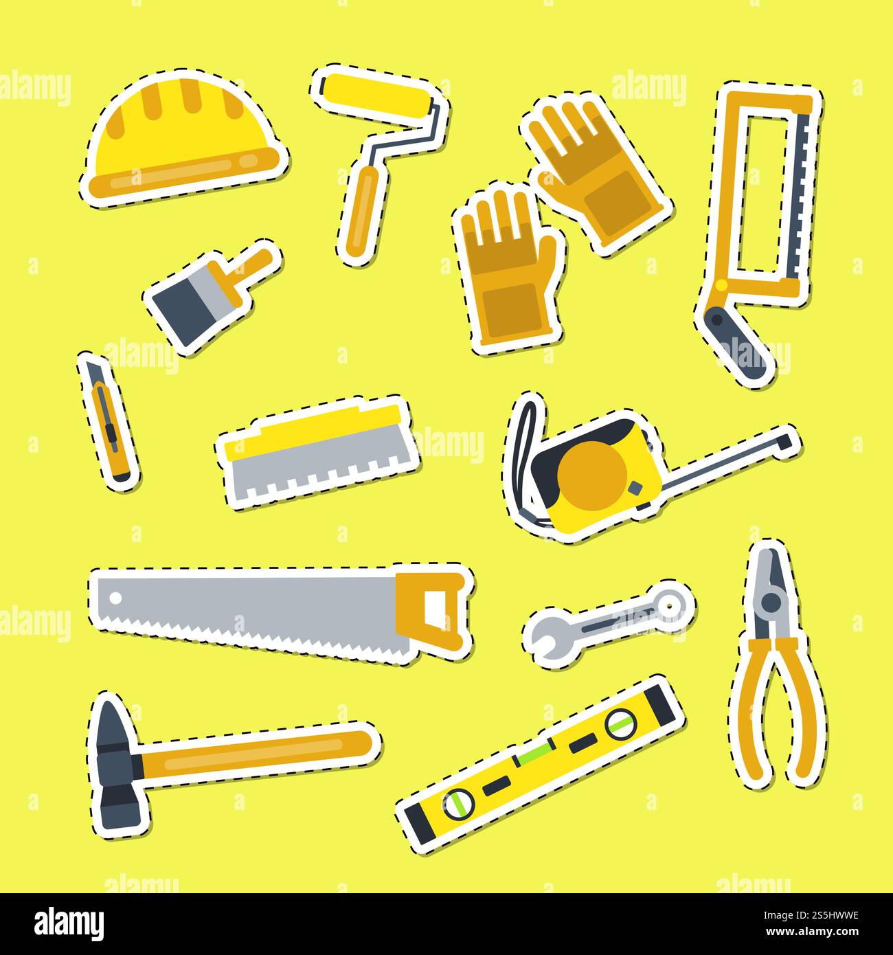 Vector flat construction tools stickers collection isolated on yellow ...