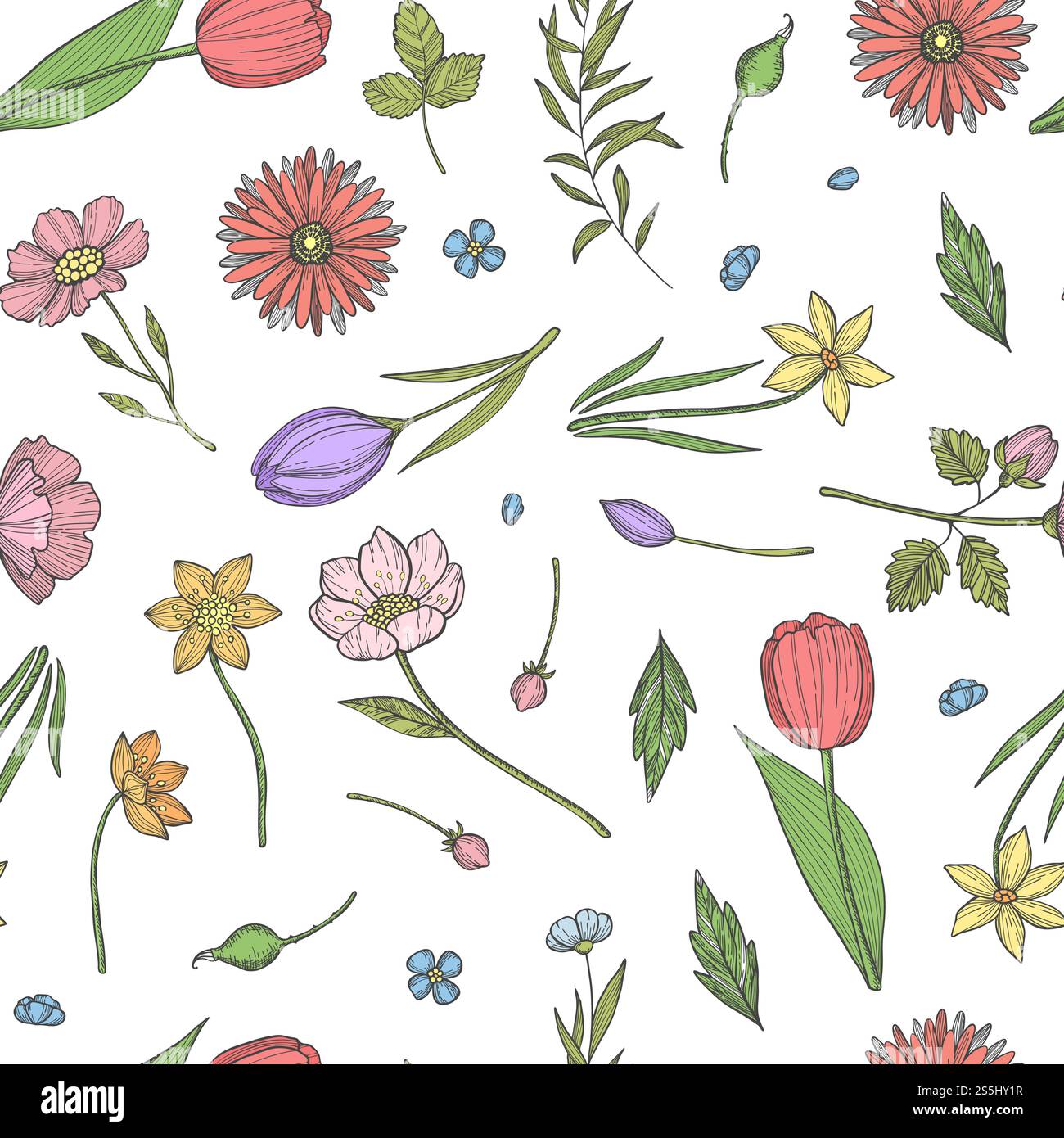 Vector hand drawn flowers pattern or background illustration. Colored ...