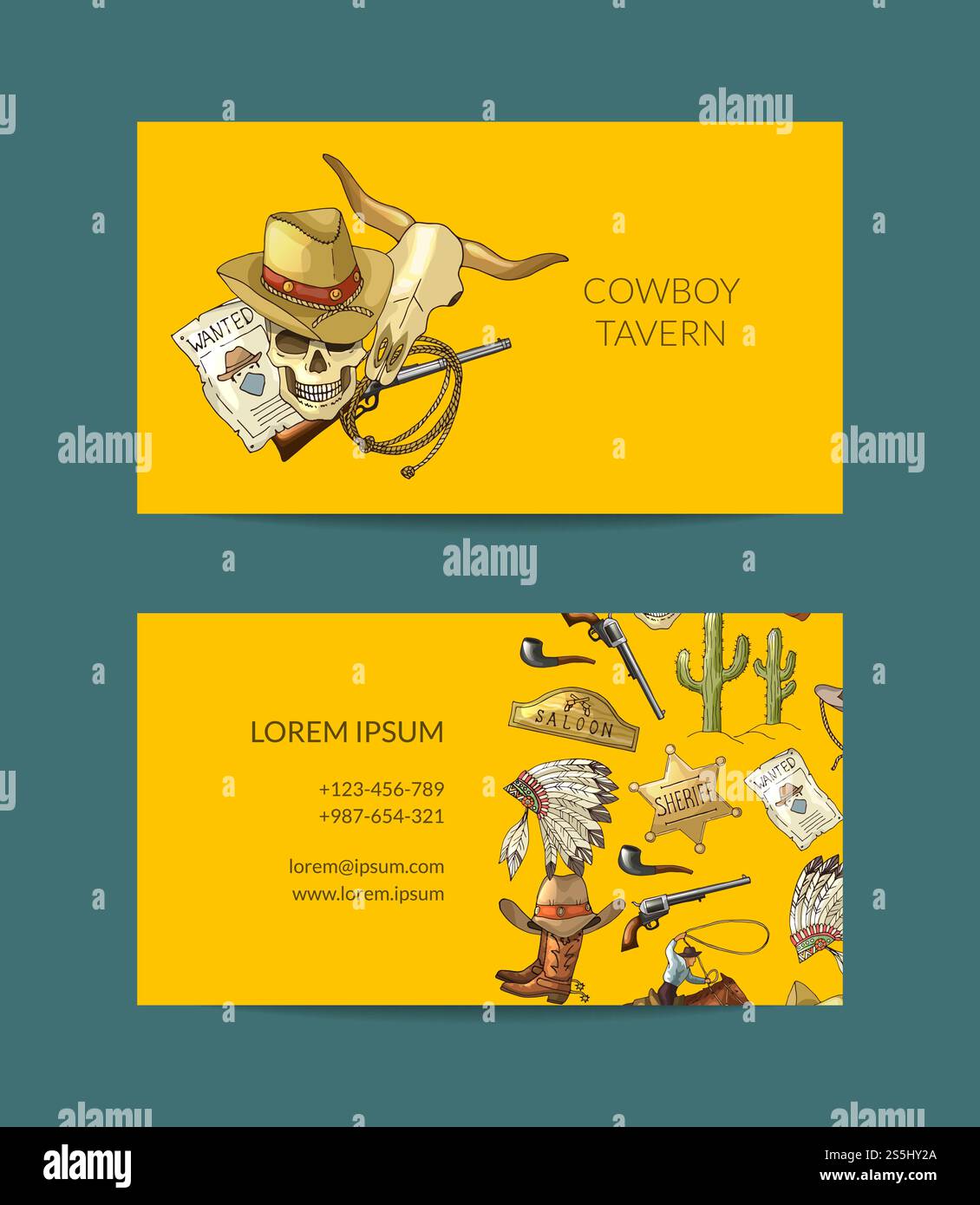 Vector hand drawn cowboy elements business card template for wild west ...