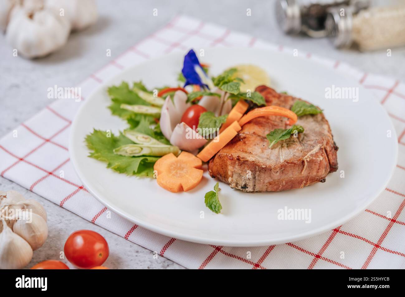 Pork Steak with Tomato, Carrot, Red Onion, Peppermint, Butterfly Pea ...
