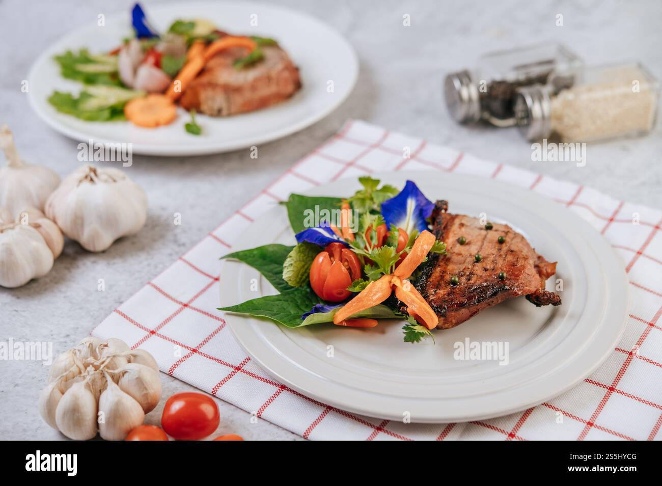 Pork Steak with Tomato, Carrot, Red Onion, Peppermint, Butterfly Pea ...