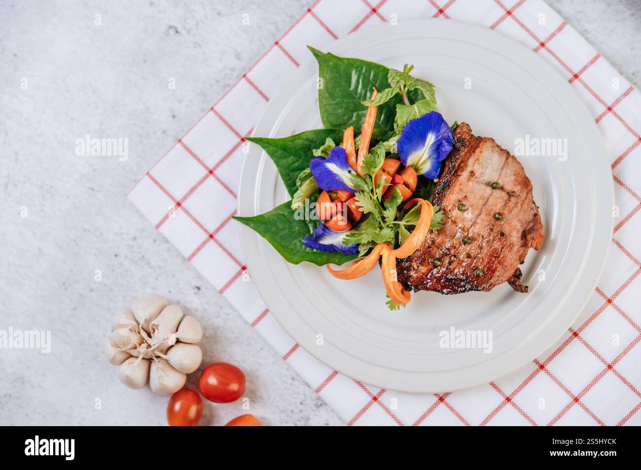 Pork Steak with Tomato, Carrot, Red Onion, Peppermint, Butterfly Pea ...