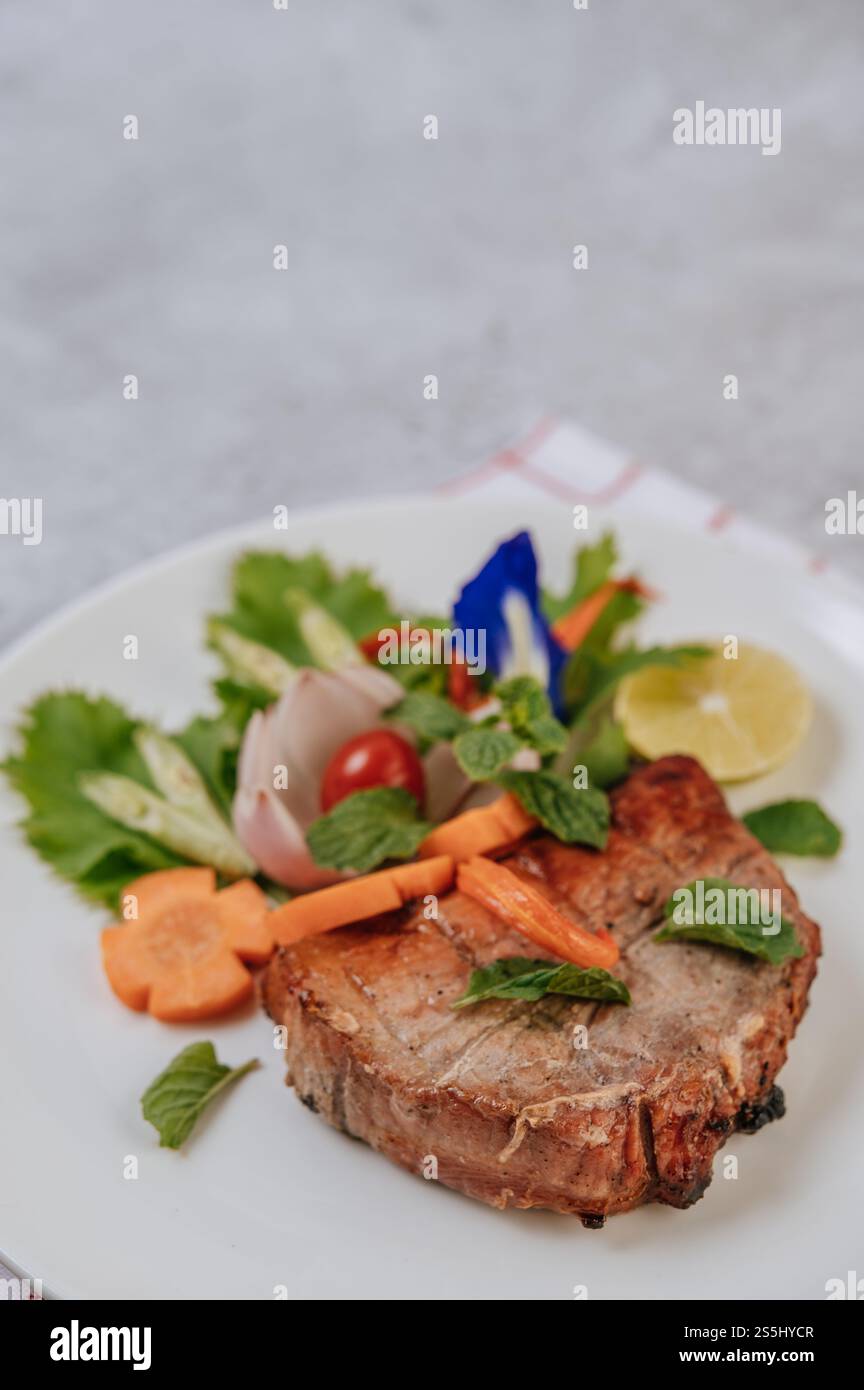 Pork Steak with Tomato, Carrot, Red Onion, Peppermint, Butterfly Pea ...