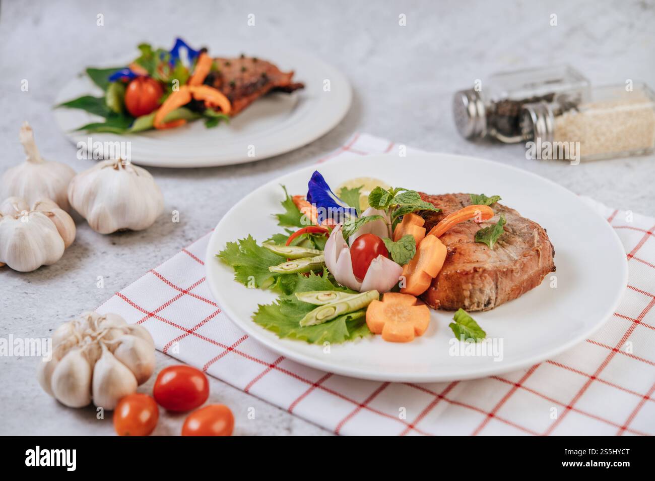 Pork Steak with Tomato, Carrot, Red Onion, Peppermint, Butterfly Pea ...